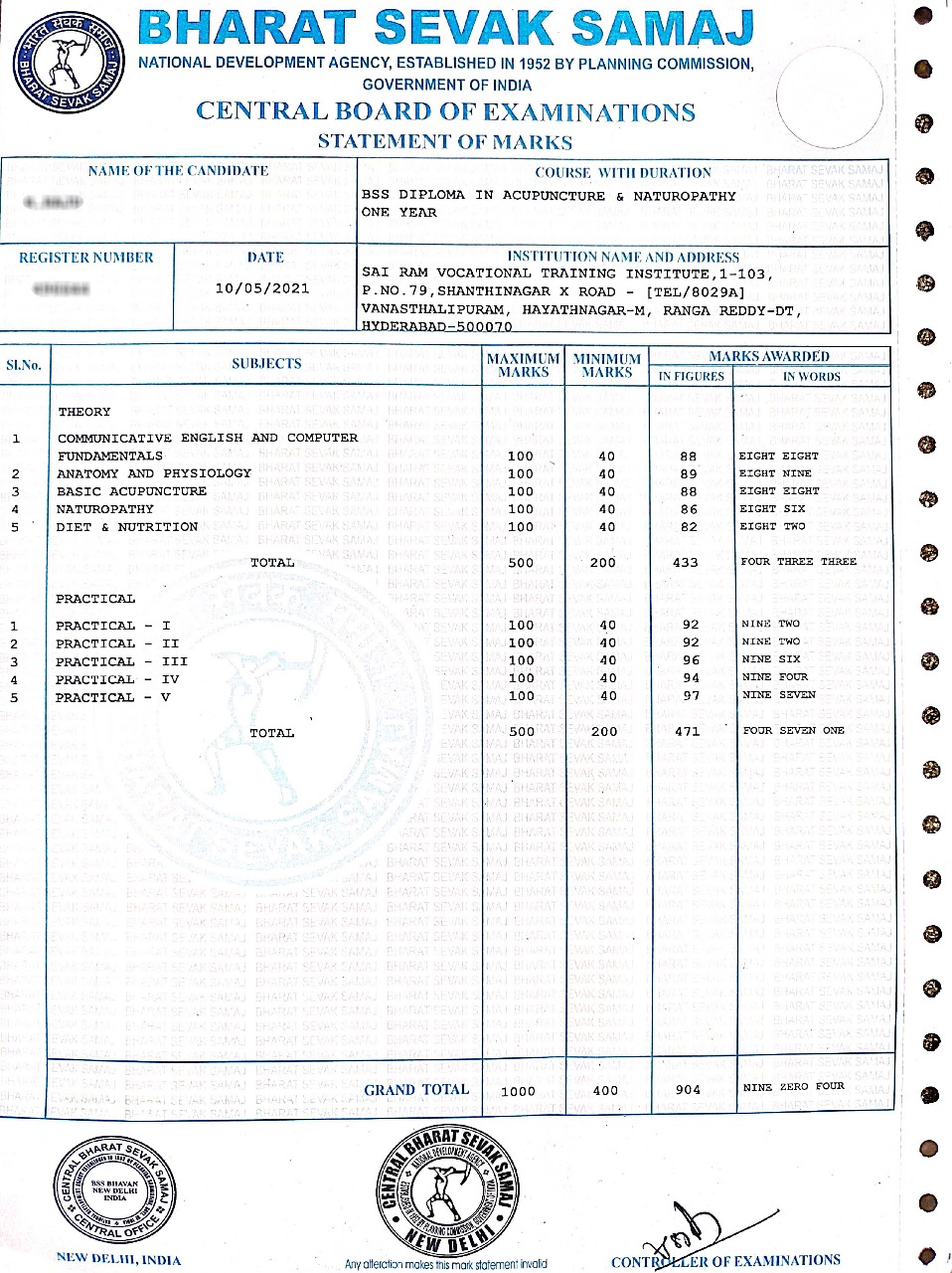 Model Certificate and Marks Sheet – SAI RAM VOCATIONAL TRAINING INSTITUTE